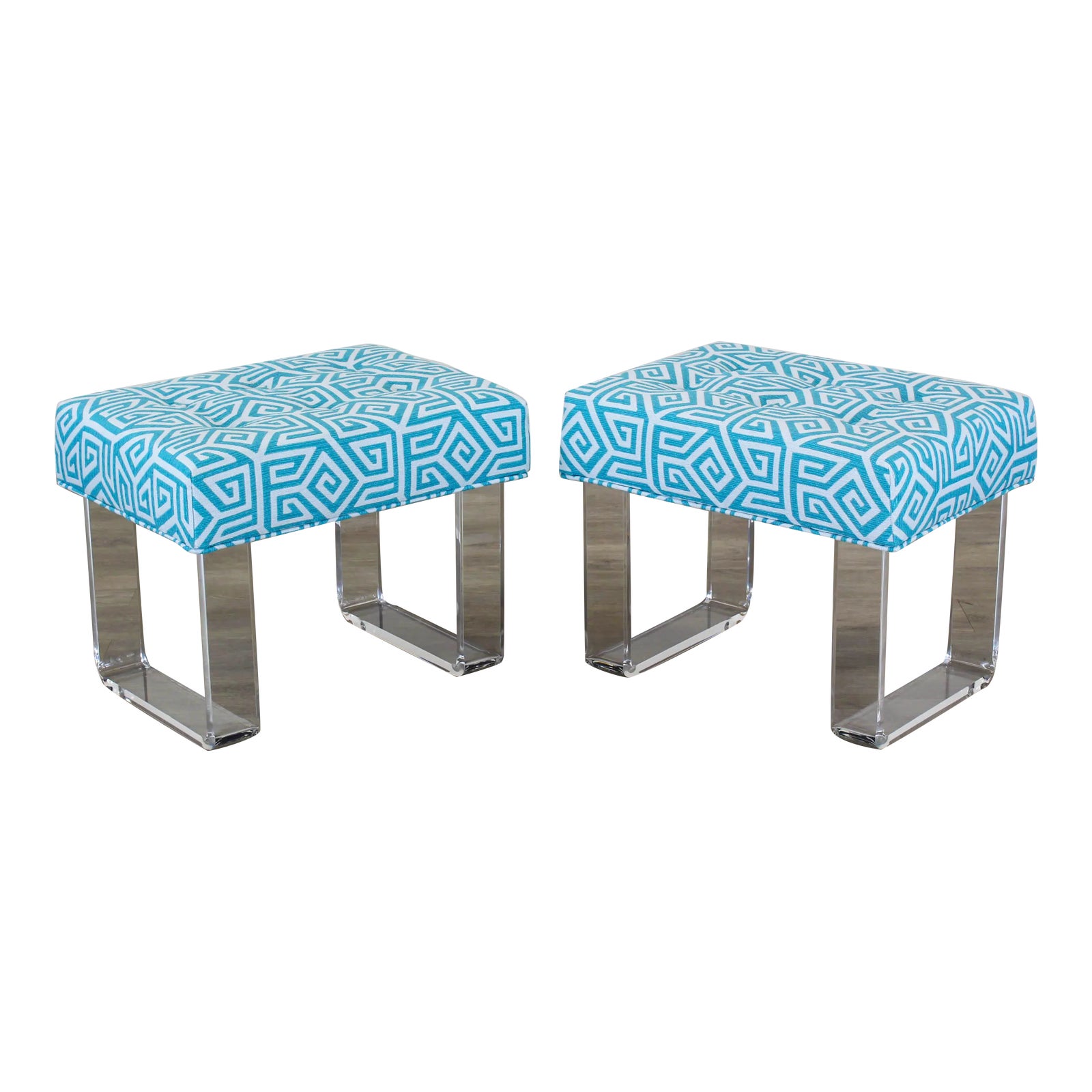 Acrylic Waterfall Benches With Geometric Upholstery - A Pair | Chairish