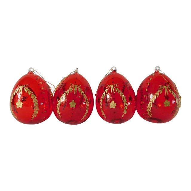 Set of 4 Vintage Red Hand Blown Glass Teardrops With 24k Gold Wreath ...