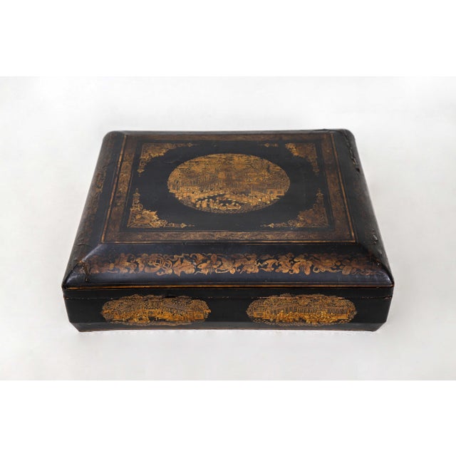 Vintage Dark Wooden Lacquer Box With Gold Color Detail | Chairish
