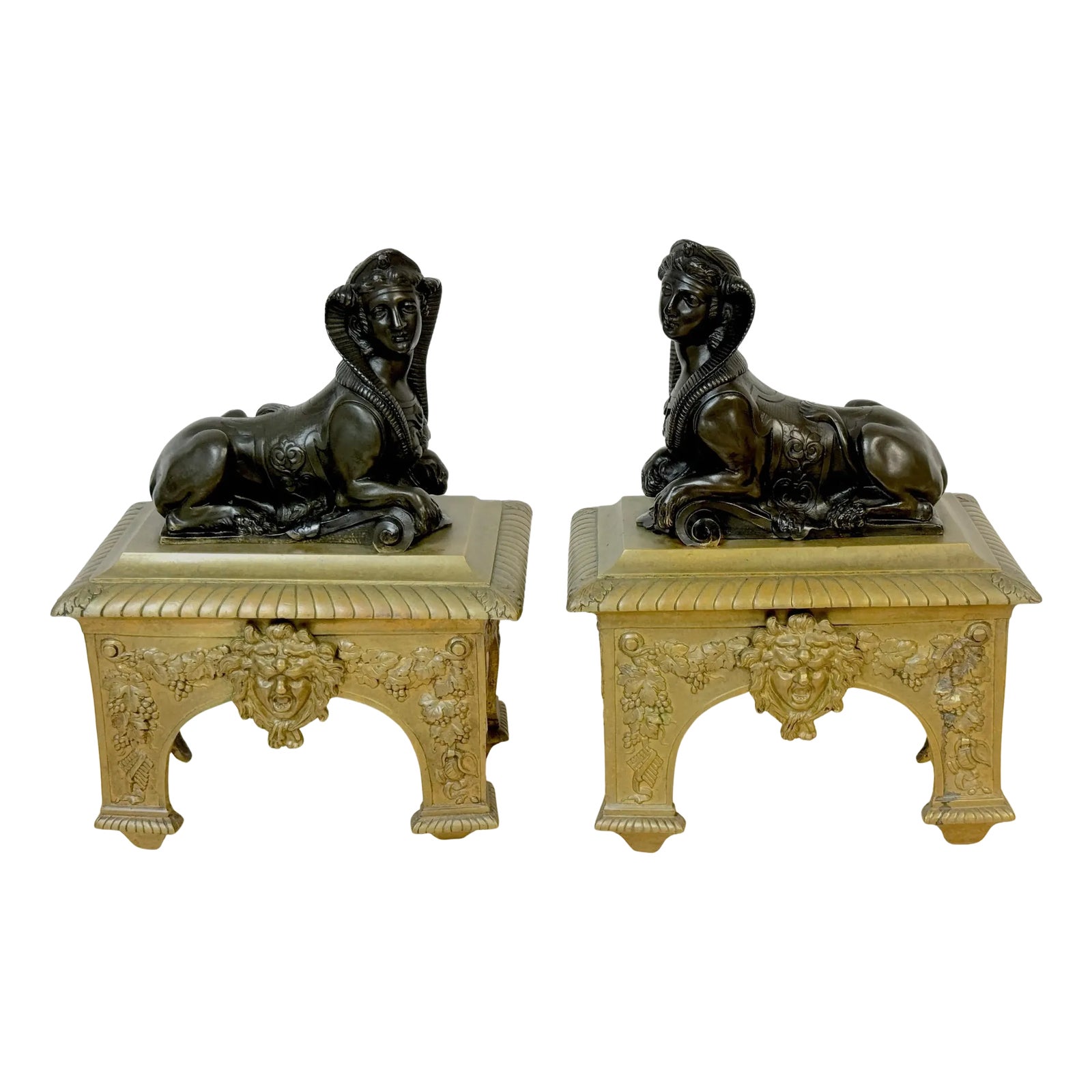 18th C. Louis XVI Patinated & Gilt Bronze Sphinx Motif Andirons/Chenets ...