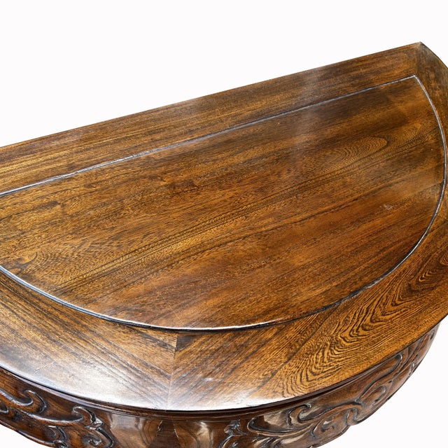 Vintage Chinese Brown Flower Carving Wood Half Round Pedestal Table ...