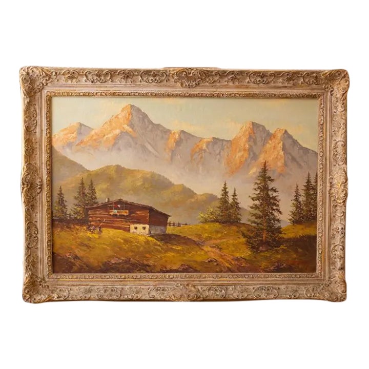 1950s Large Rustic Framed Landscape Painting of Mountain Cabin | Chairish