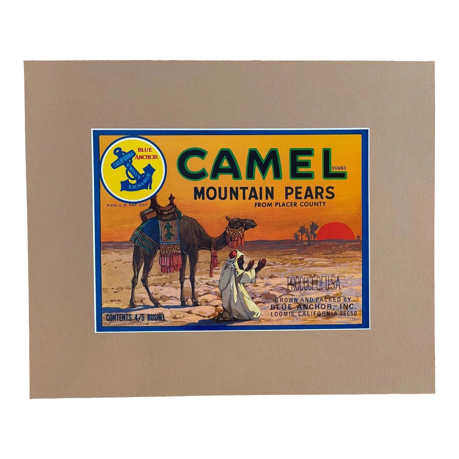 Original Vintage CAMEL Mountain Pears California Crate Label, Matted ...
