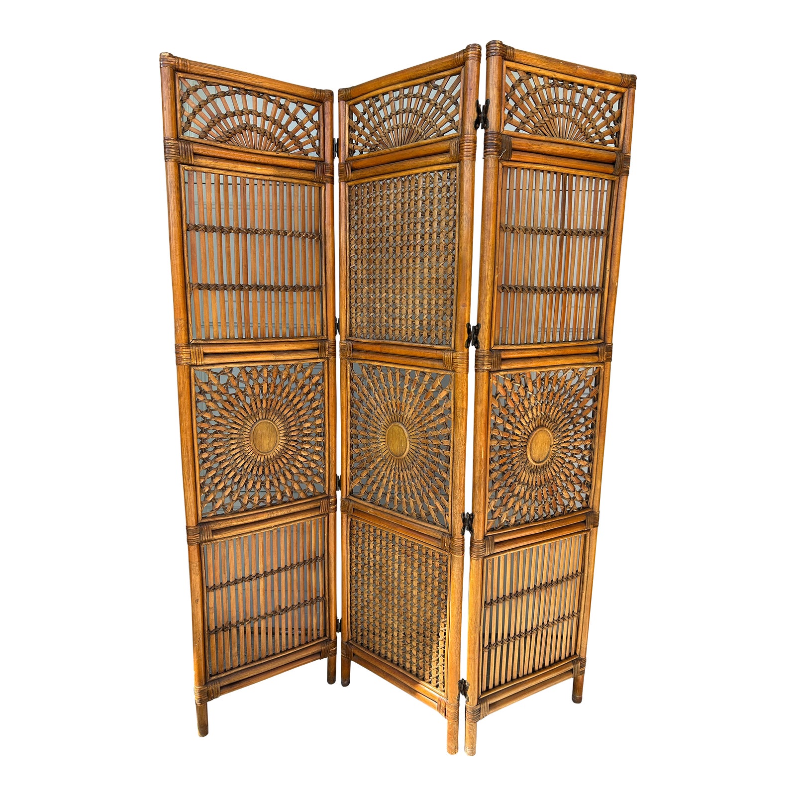 Vintage Rattan and Bamboo Starburst Privacy Screen 3 Panel | Chairish