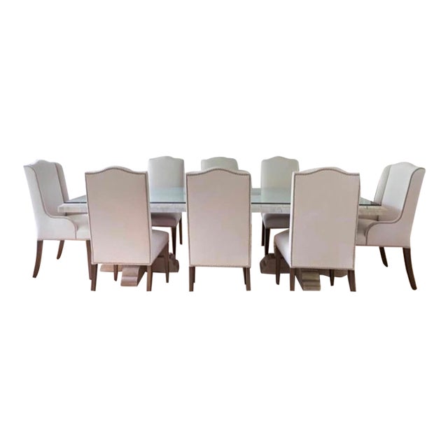 Restoration Hardware Italian Carrara Marble Table With Crytpon Fabric Chairs Set of 9