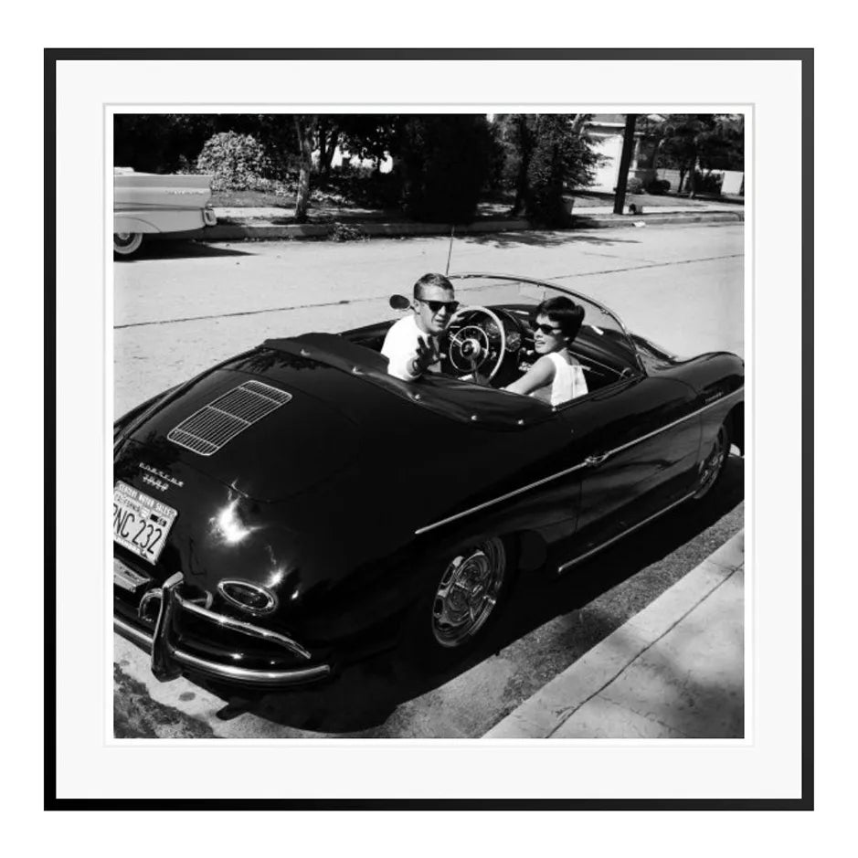 Steve McQueen and Neile Adams Smiling in Porsche Black Framed Archival ...