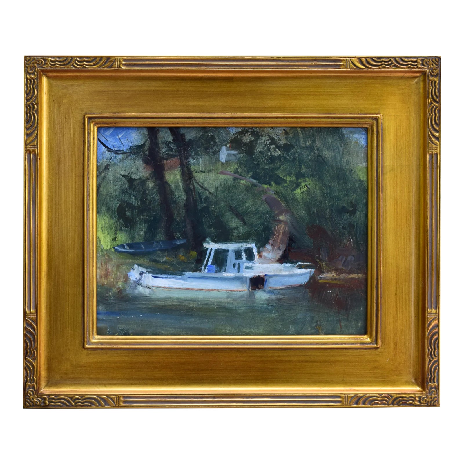 Vintage American Impressionist Landscape Painting of a Boat on Water by ...