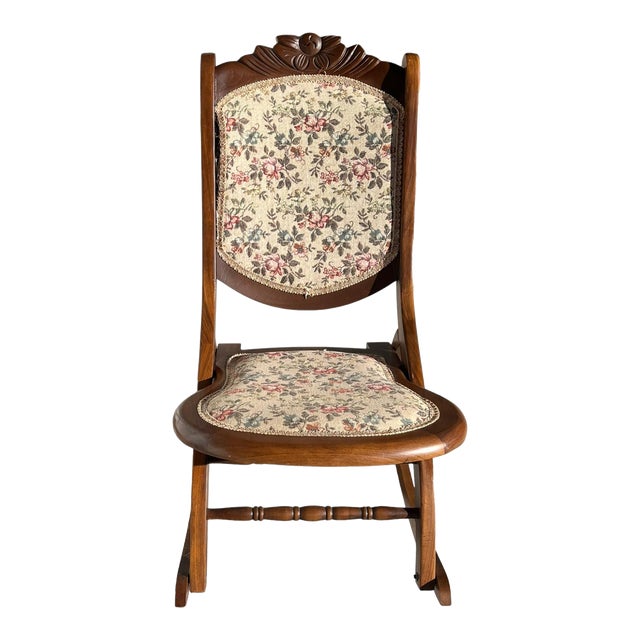 Early 20th Century Carved Walnut & Upholstered Folding Rocking Chair ...