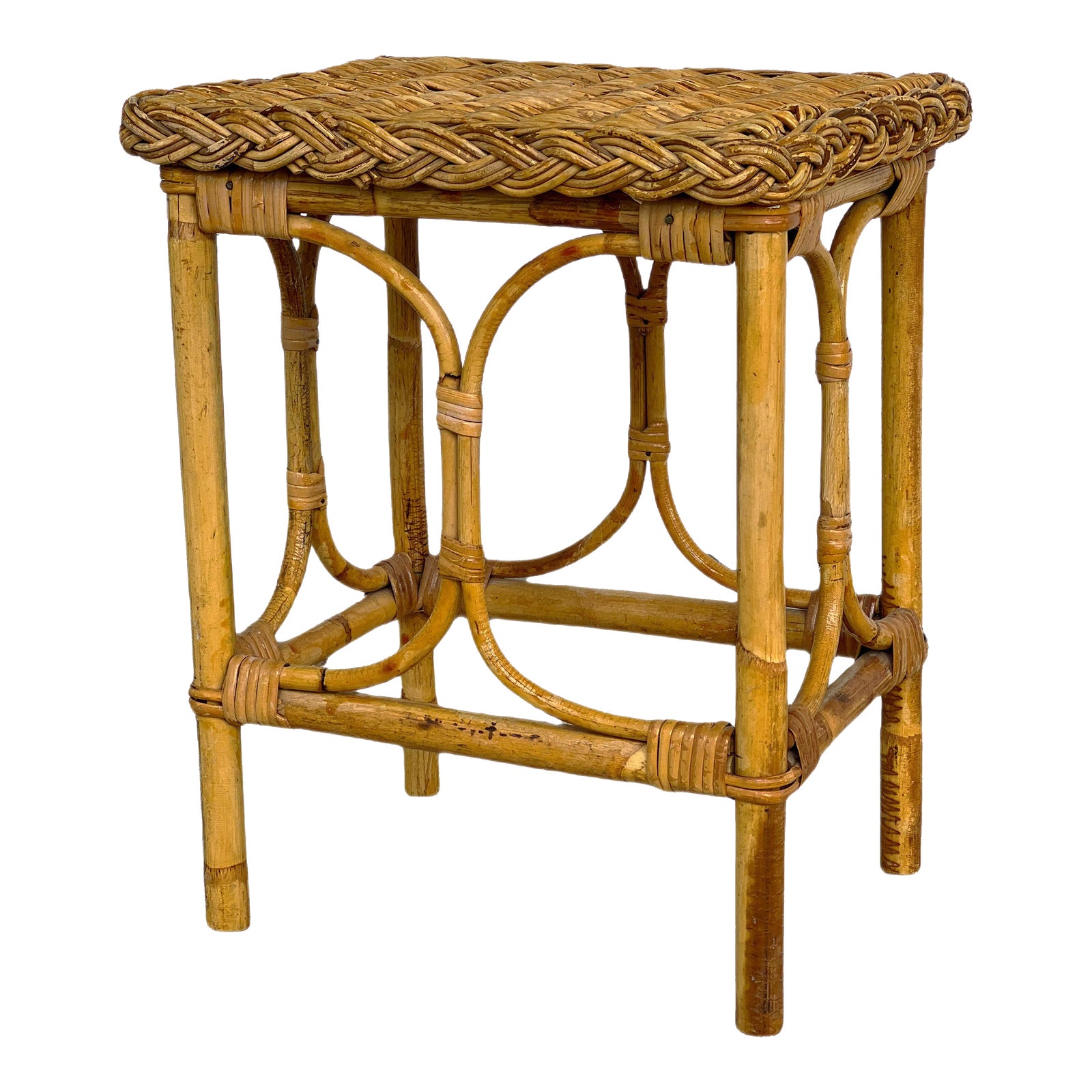 Vintage Scorched Bamboo/Rattan Side Table or Plant Stand | Chairish