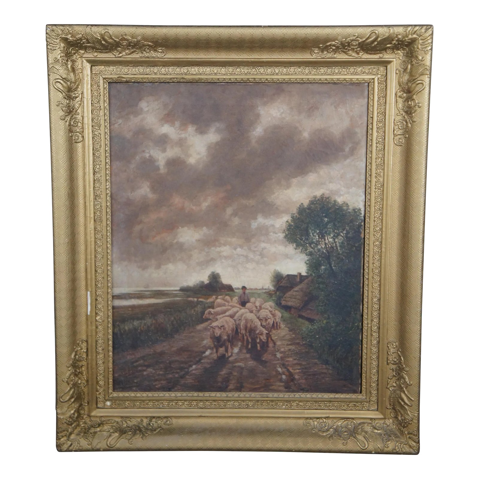 Late 19th Century Antique European Victorian Sheep Drover Pastoral Oil ...