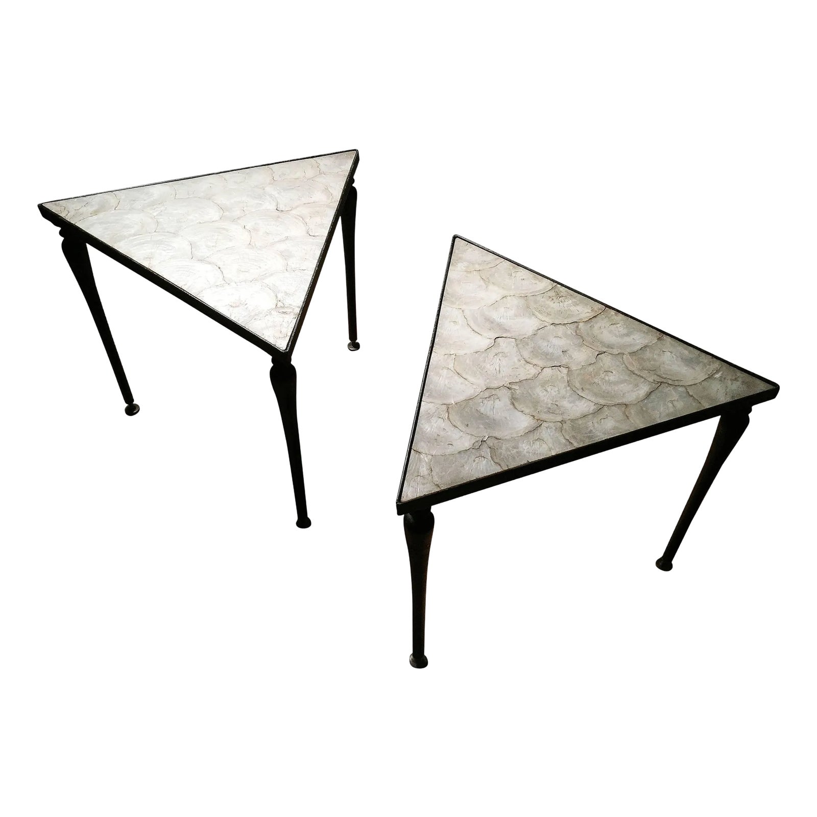Vintage Designer iron & Capiz Shell Triangle Tables Hollywood regency ...