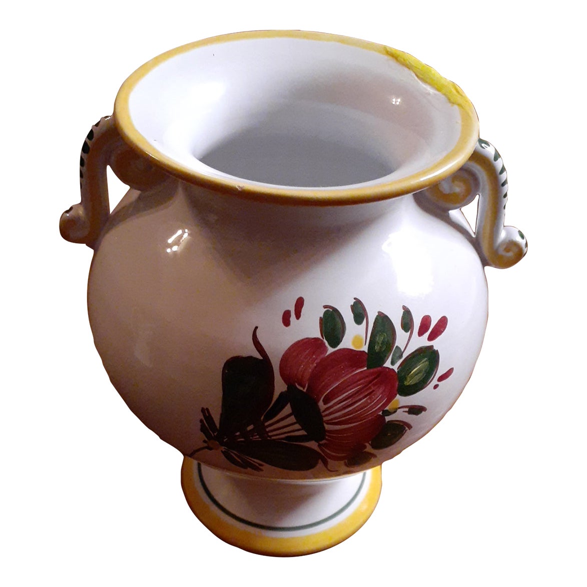 1980s Hand Painted Dual Handle Urn Vase Made in Italy | Chairish