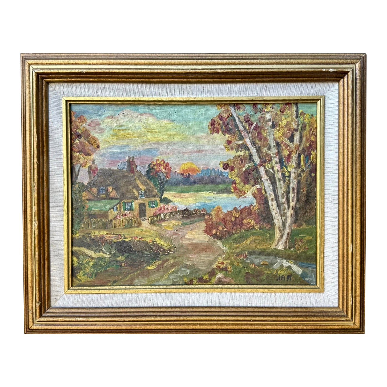 1940s Vintage Landscape Oil Painting, Signed with Original Carved Wood ...