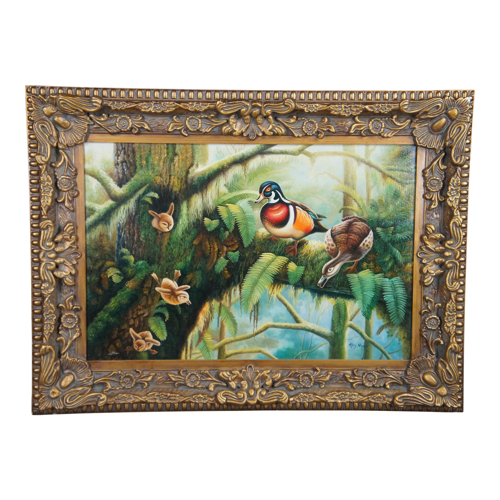 Late 20th Century Ray Shaw Duck Flight Realist Landscape Painting Oil ...