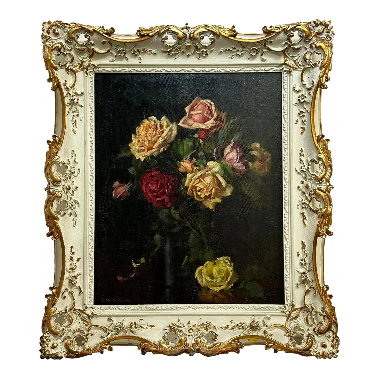 British Oil Painting Flowers Garden Roses Signed Ernest Higgins Rigg ...