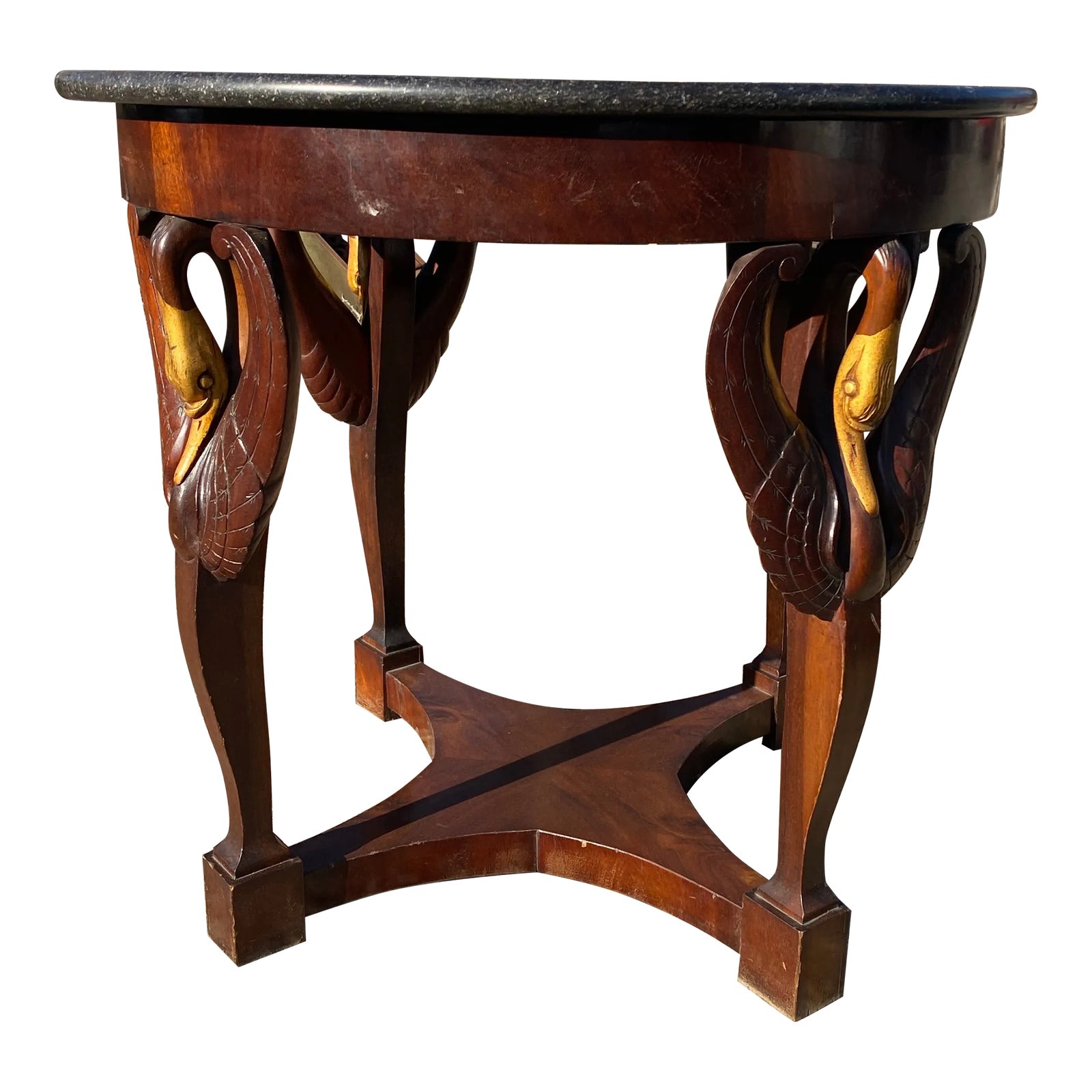 19th Century Empire Center Table Carved Swans Porphyry Stone Top | Chairish