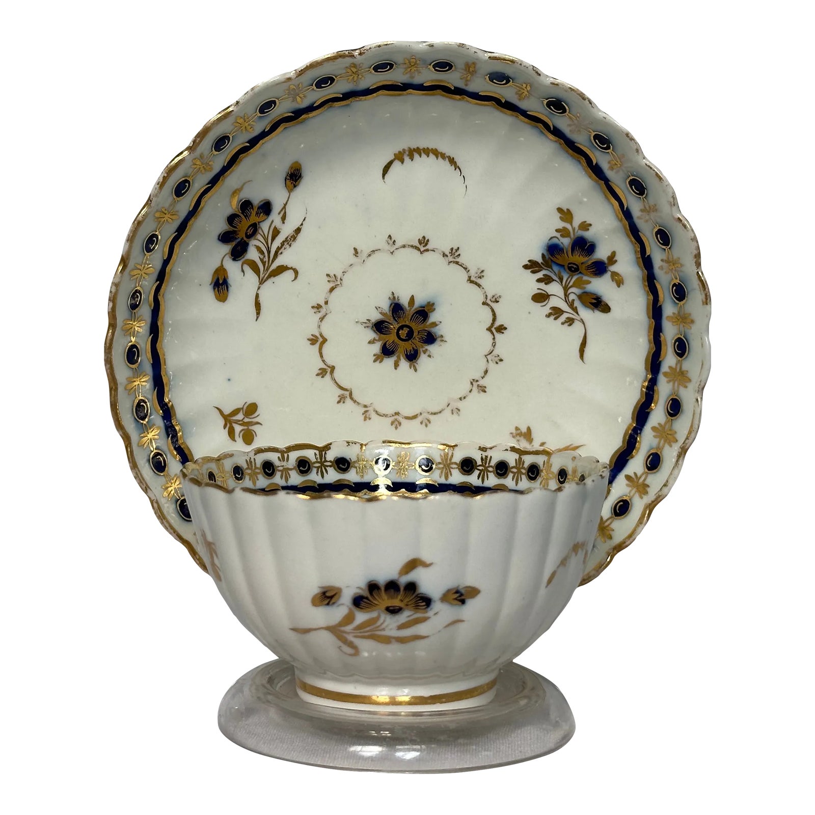 Antique Caughley Fluted Tea Bowl/Cup and Saucer, Cobalt and Gold ...