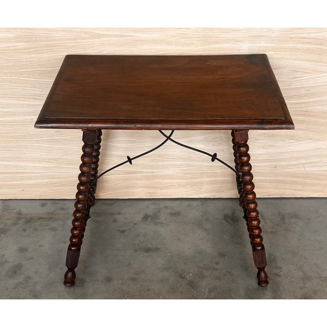 19th Spanish Side Table With Cared Turned Legs and Iron Stretcher ...