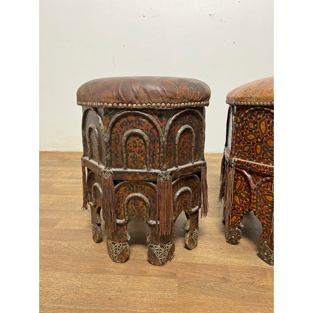 Late 20th C.. Moroccan Stools With Goat Hide Seats - a Pair | Chairish