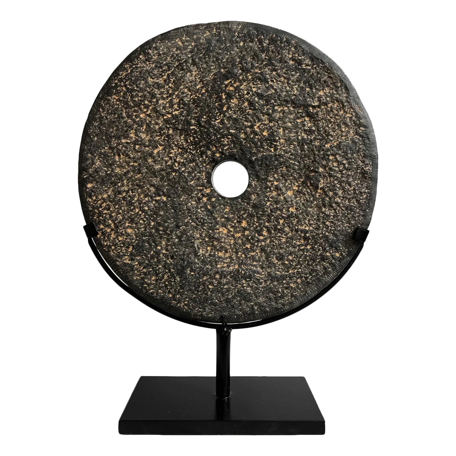 Black Stone Chiseled Disk on Stand Large | Chairish