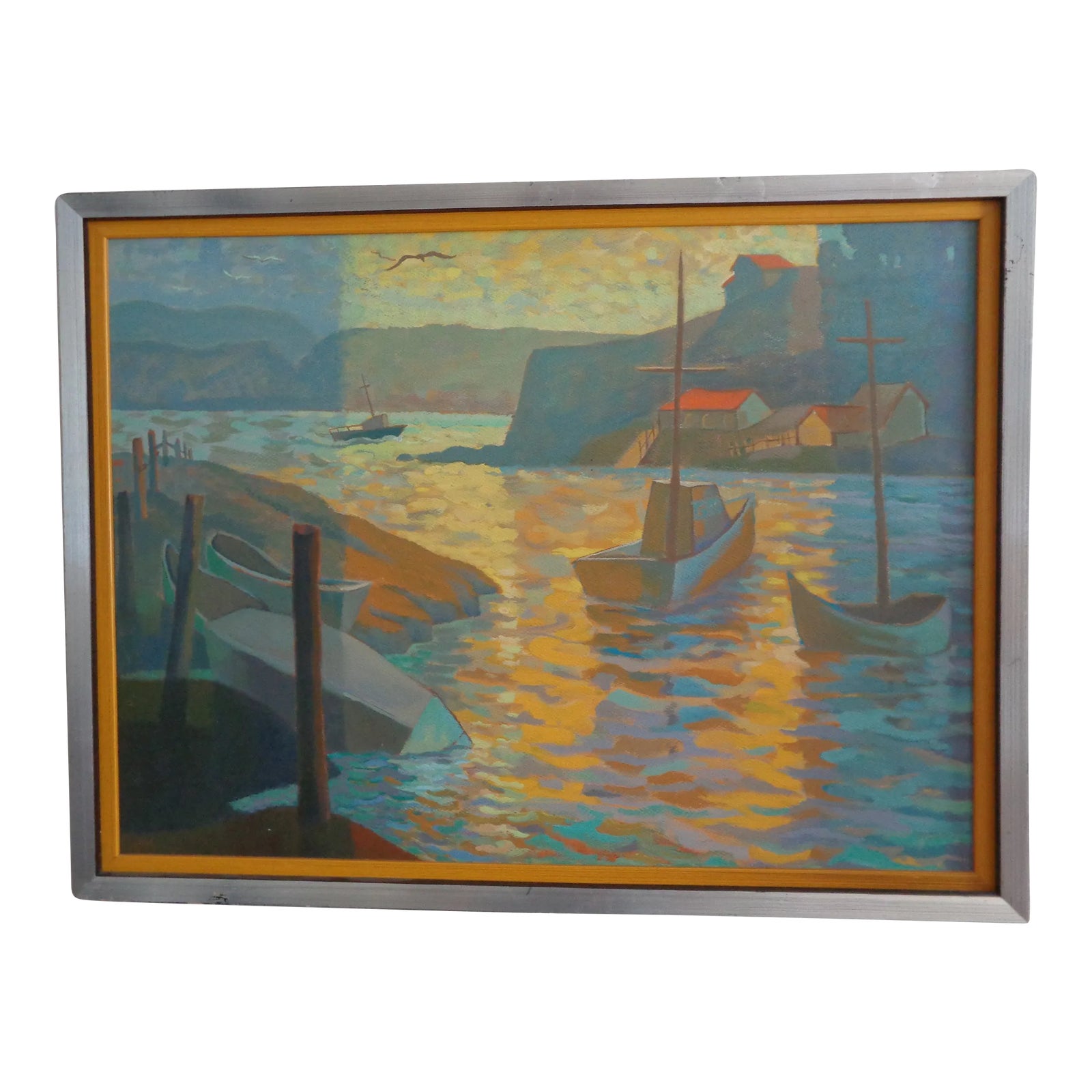 Mid 20th Century Impressionist Harbor Scene Painting | Chairish