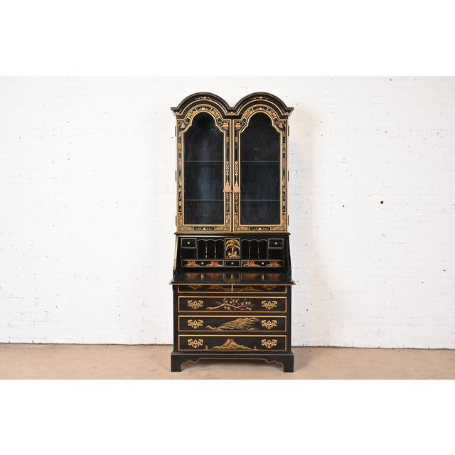 Chinoiserie Black Lacquered Drop Front Secretary Desk With Lighted ...