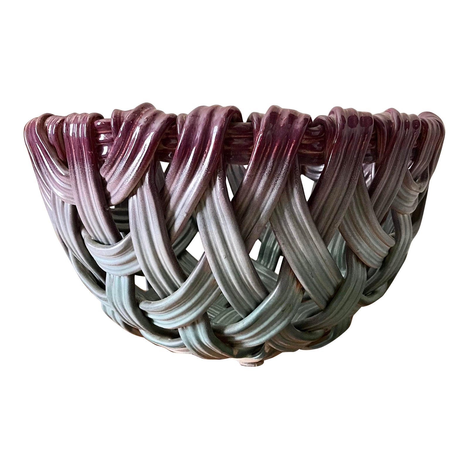 Large Vintage Ceramic Basket-Weaved Bowl | Chairish