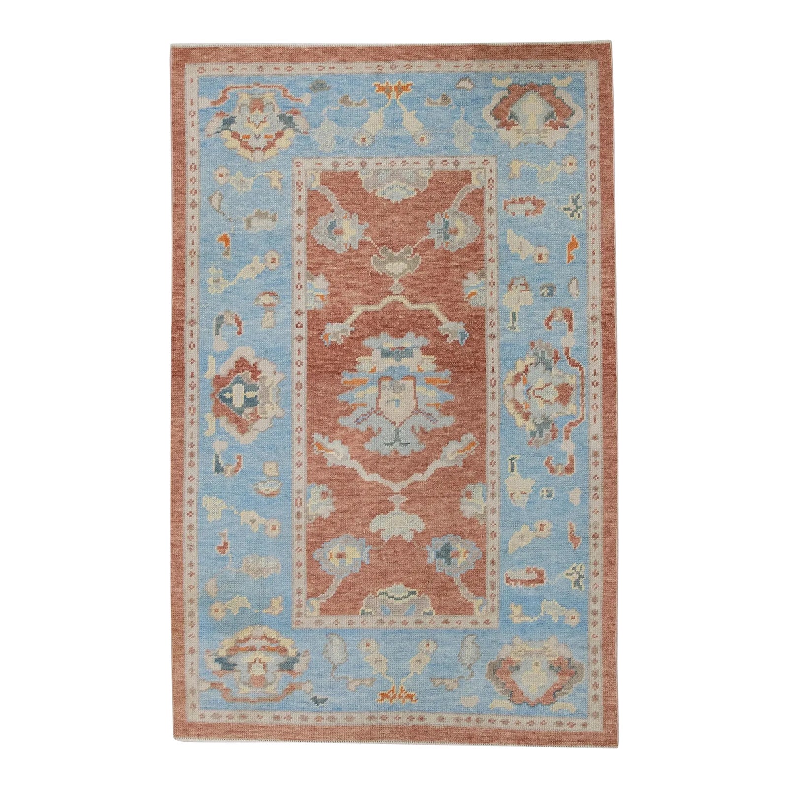 Early 21st Century Red and Baby Blue Floral Handwoven Wool Turkish ...