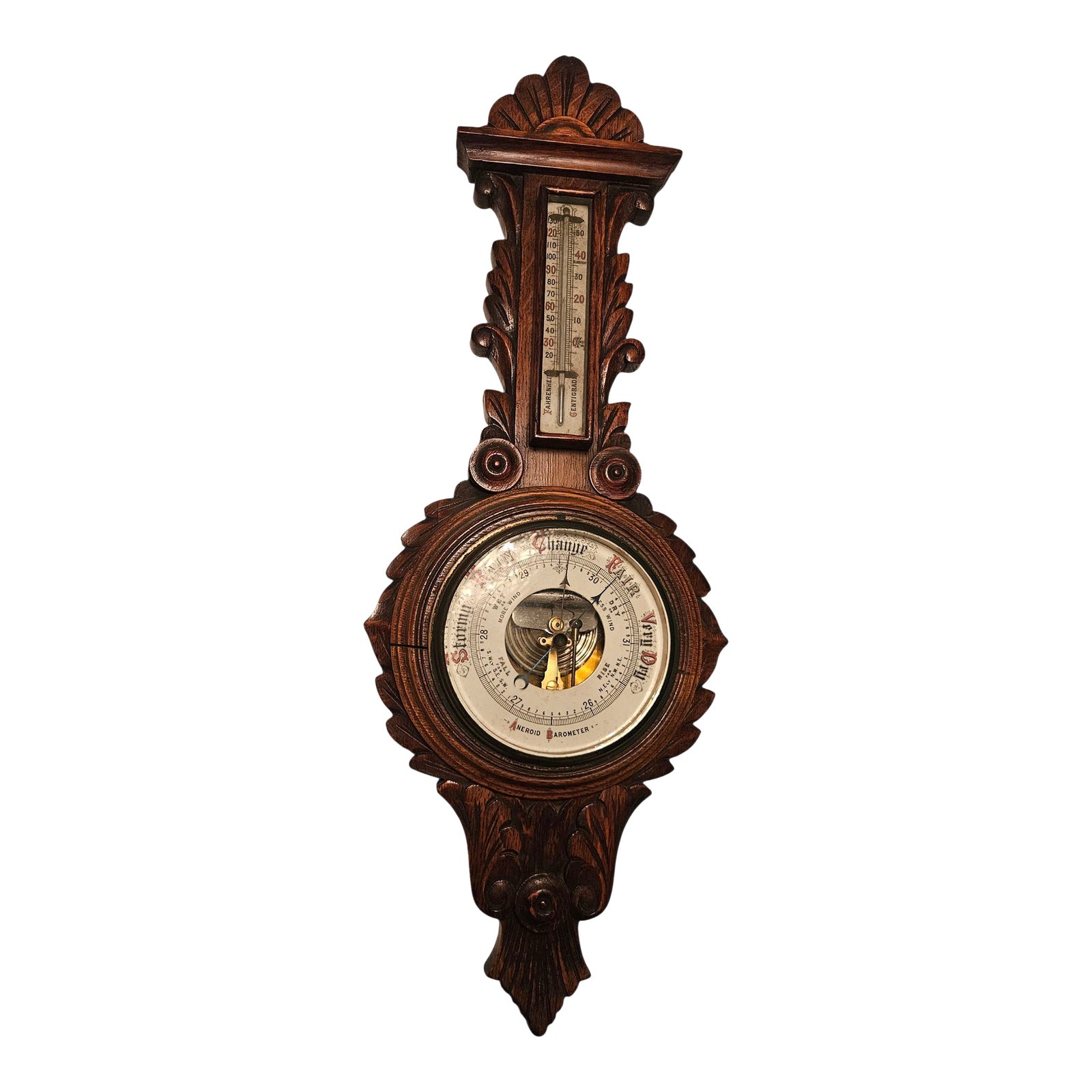 Antique Aneroid Banjo Barometer Carved Oak English Victorian | Chairish