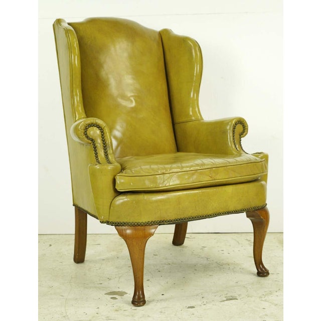 Mid Century Studded Yellow Leather Wingback Arm Chair | Chairish