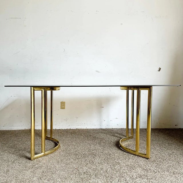 Art Deco Gold and Smoked Glass Top Rectangular Dining Table | Chairish