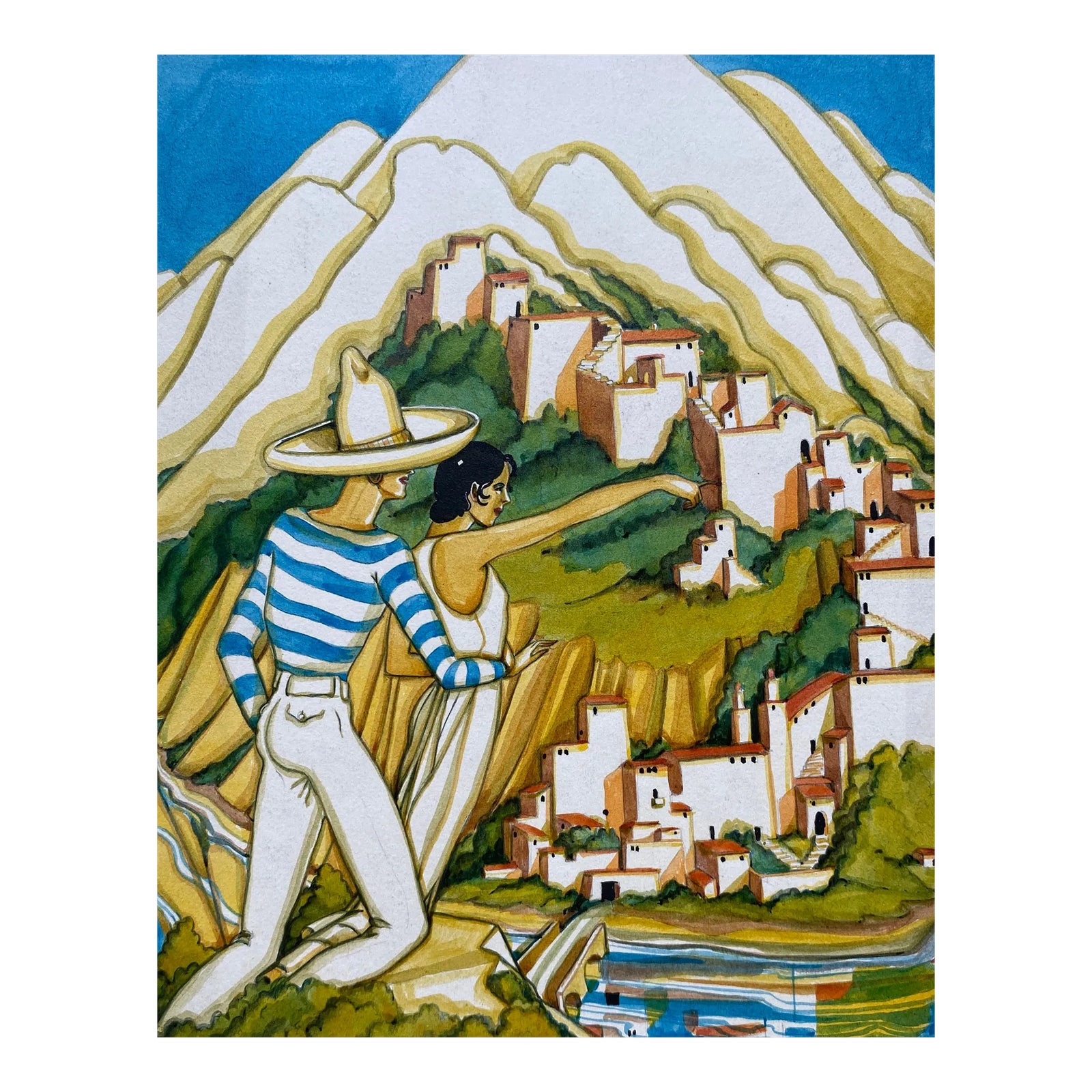 1930s Clifford Thompson Art Deco Mountain Scene Painting | Chairish