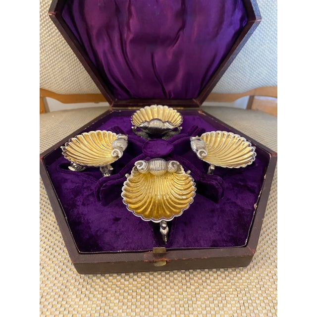 Early 20th Century Boxed Set of Four Shell Form Silver Plated Gilt Salt ...