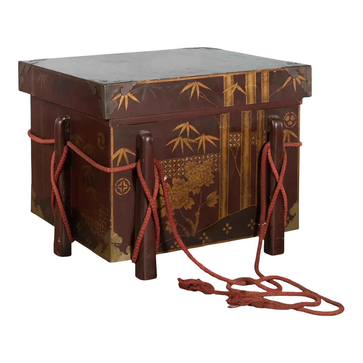 Japanese Vintage Wedding Chest with Brown Lacquer and Hand-Painted ...