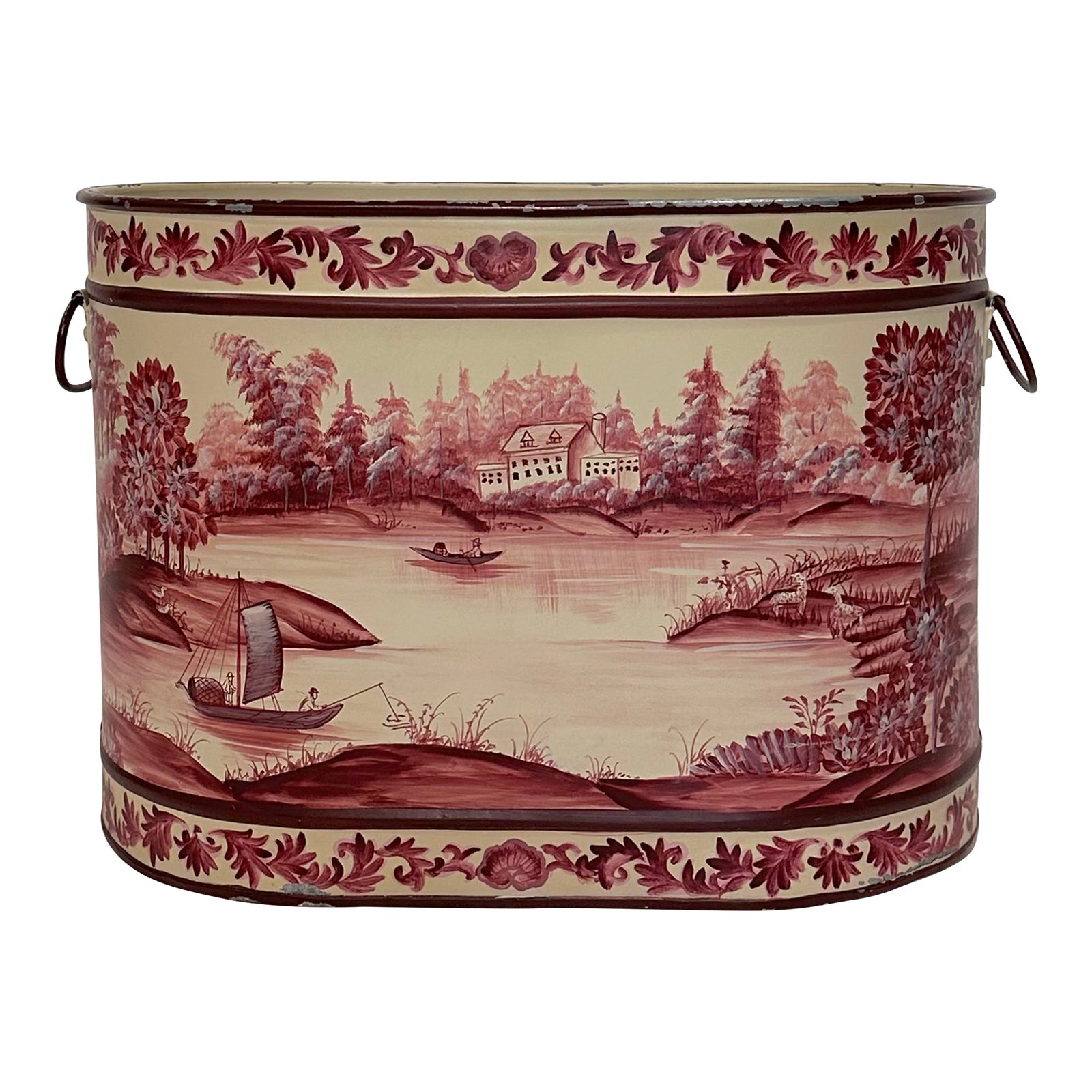 1980s Toile Hand Panted French Style Metal Container Cachepot Planter ...