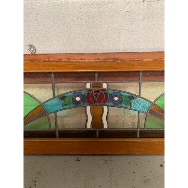 Mid 20th Century Rose Pattern Long Stained Glass Window | Chairish
