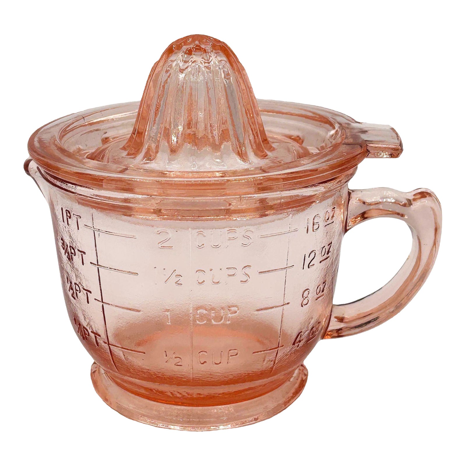 1950s Mid-Century Pink Hazel Glass 2 Cup Bar Measuring Pitcher & Reamer ...