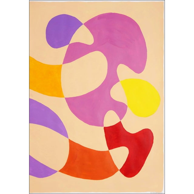 2024, Abstract Mid Century Shapes Triptych of Coral Curves, Acrylic Painting on Watercolor Paper ...