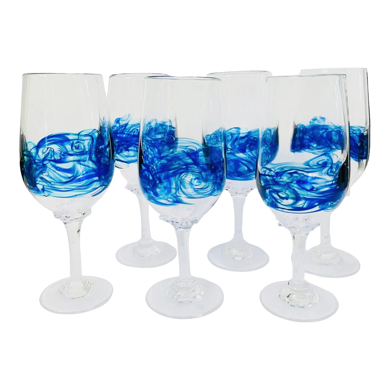 Handblown Glass Ocean Wave Wine / Water Goblets (Signed) (Mint) Set of ...