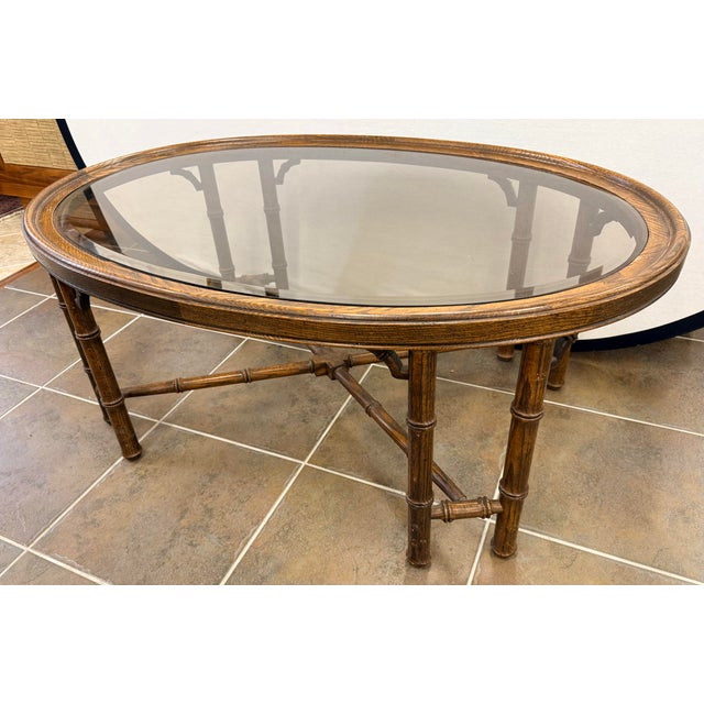 Vintage Chinoiserie Style Faux Bamboo Oval Glass Coffee Table | Chairish