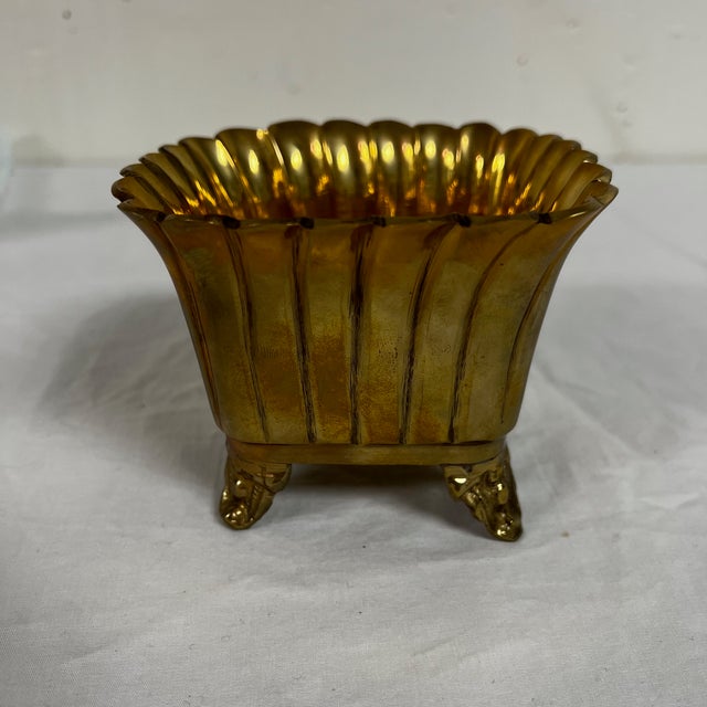 Small Vintage Solid Brass Oval Footed Cachepot With Fluted Edge | Chairish