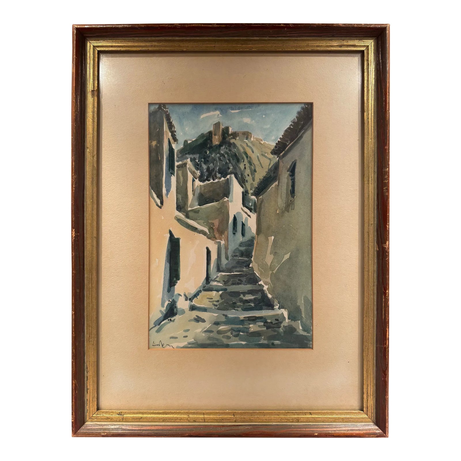 Mid Century Greek Street Scene Watercolor Painting | Chairish