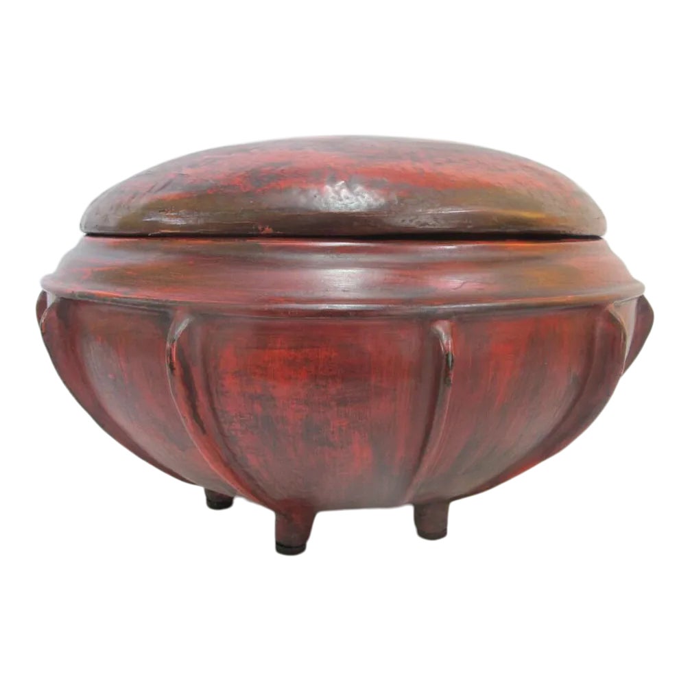 Large Red Lacquer Burmese Antique Round Storage Wood Food Box With Lid ...