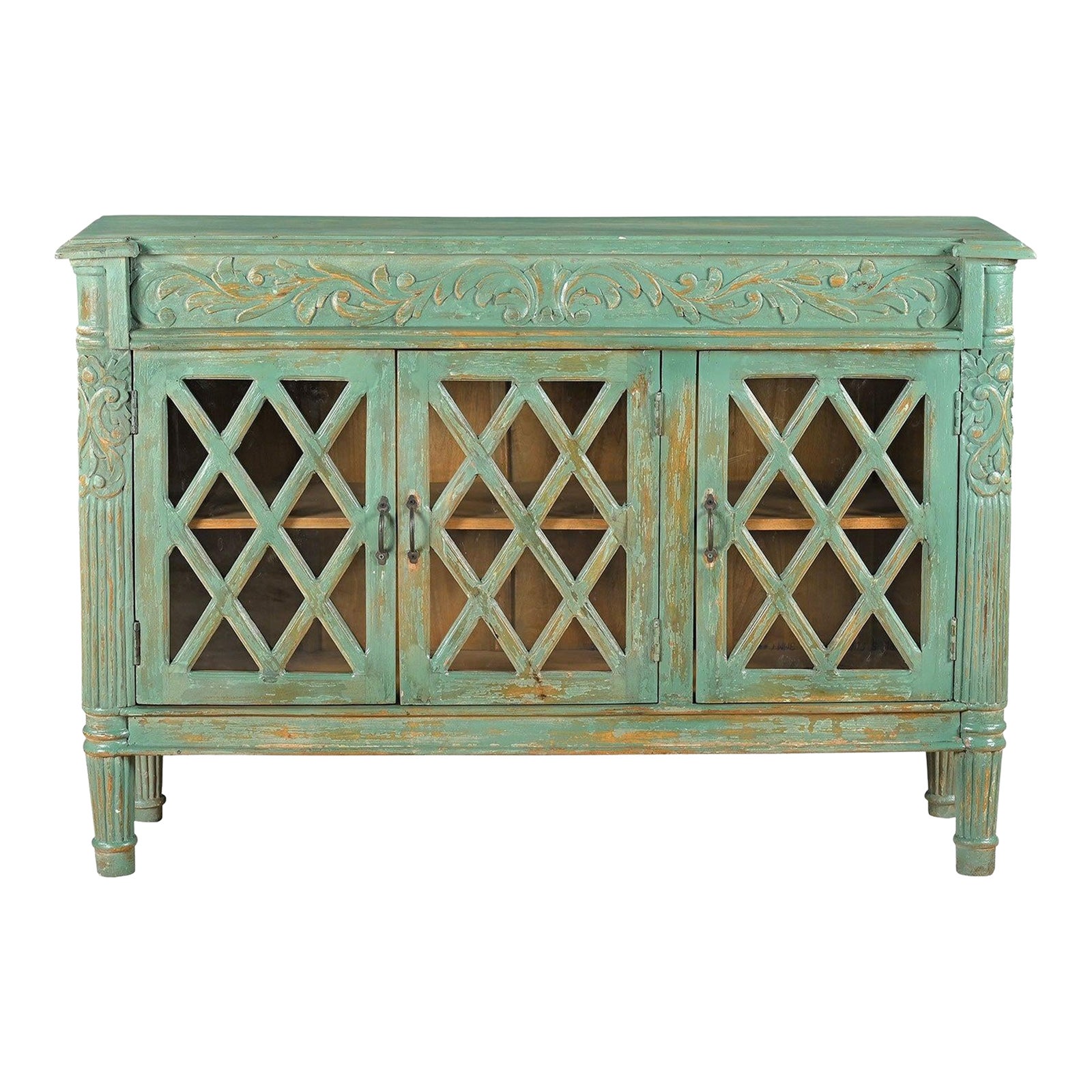 Farmhouse Style Distressed Blue Carved Sideboard With Glass Doors ...