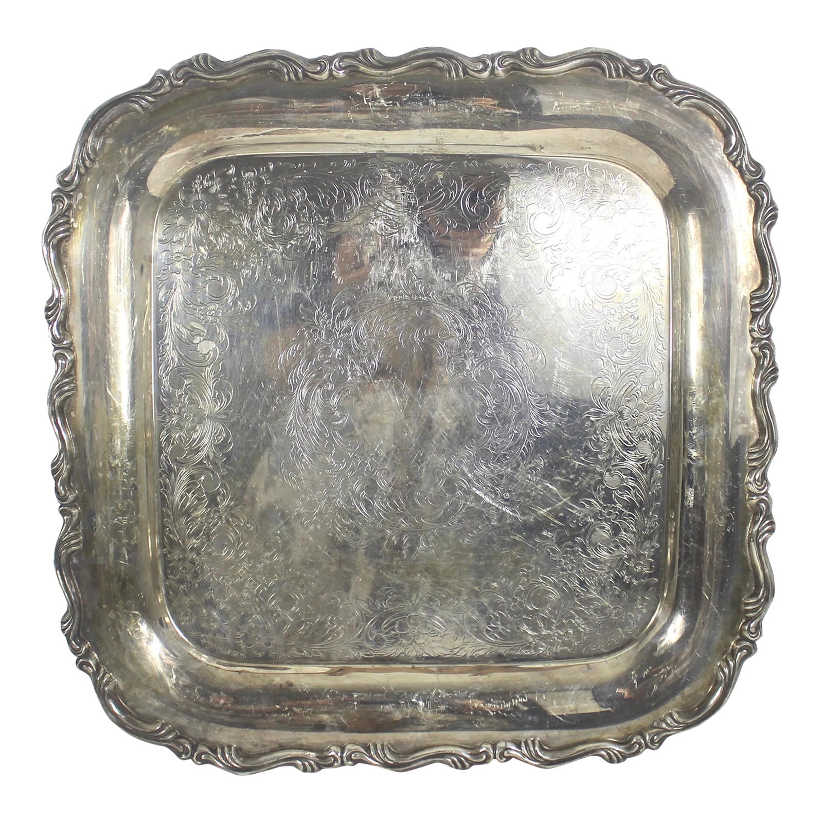 Large Vintage Square Silver Plated Bar Tray | Chairish