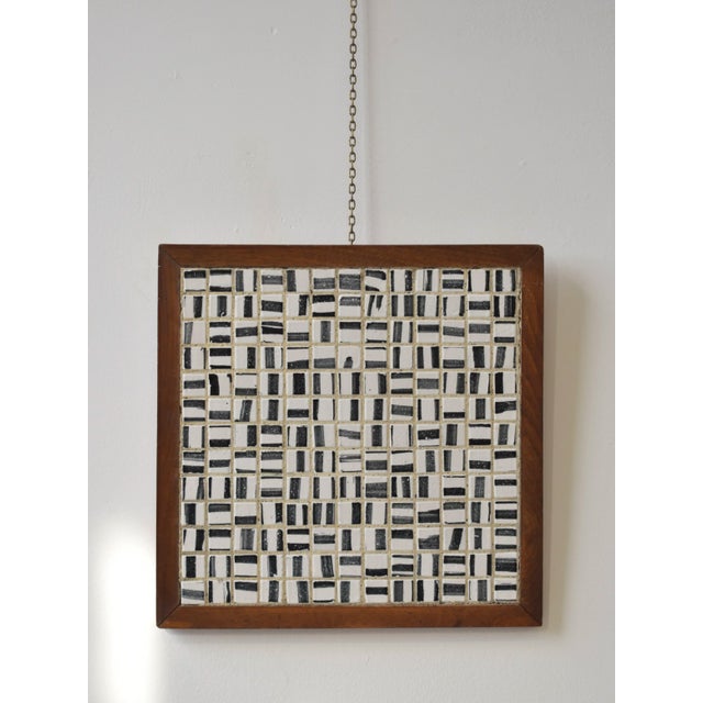 Vintage Black + White Glazed Ceramic Tile Artwork in Teak Frame, Circa ...