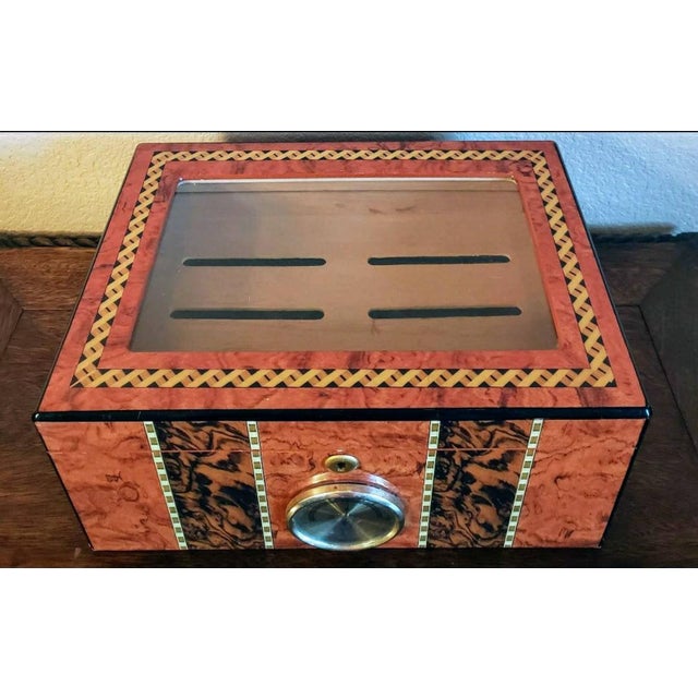 Contemporary Wood Inlaid Cigar Humidor Box | Chairish