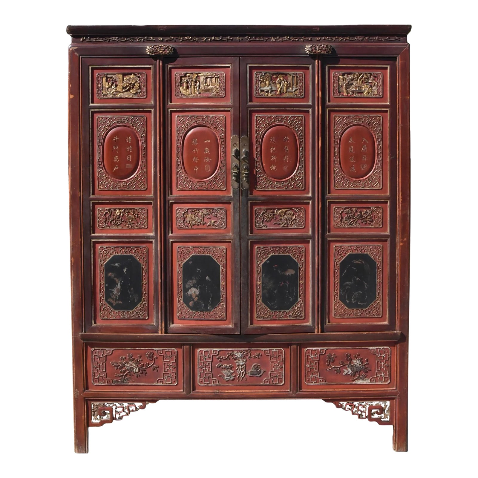 19th Century Chinese Vermillion Red Carved Gilt Silvered Armoire ...