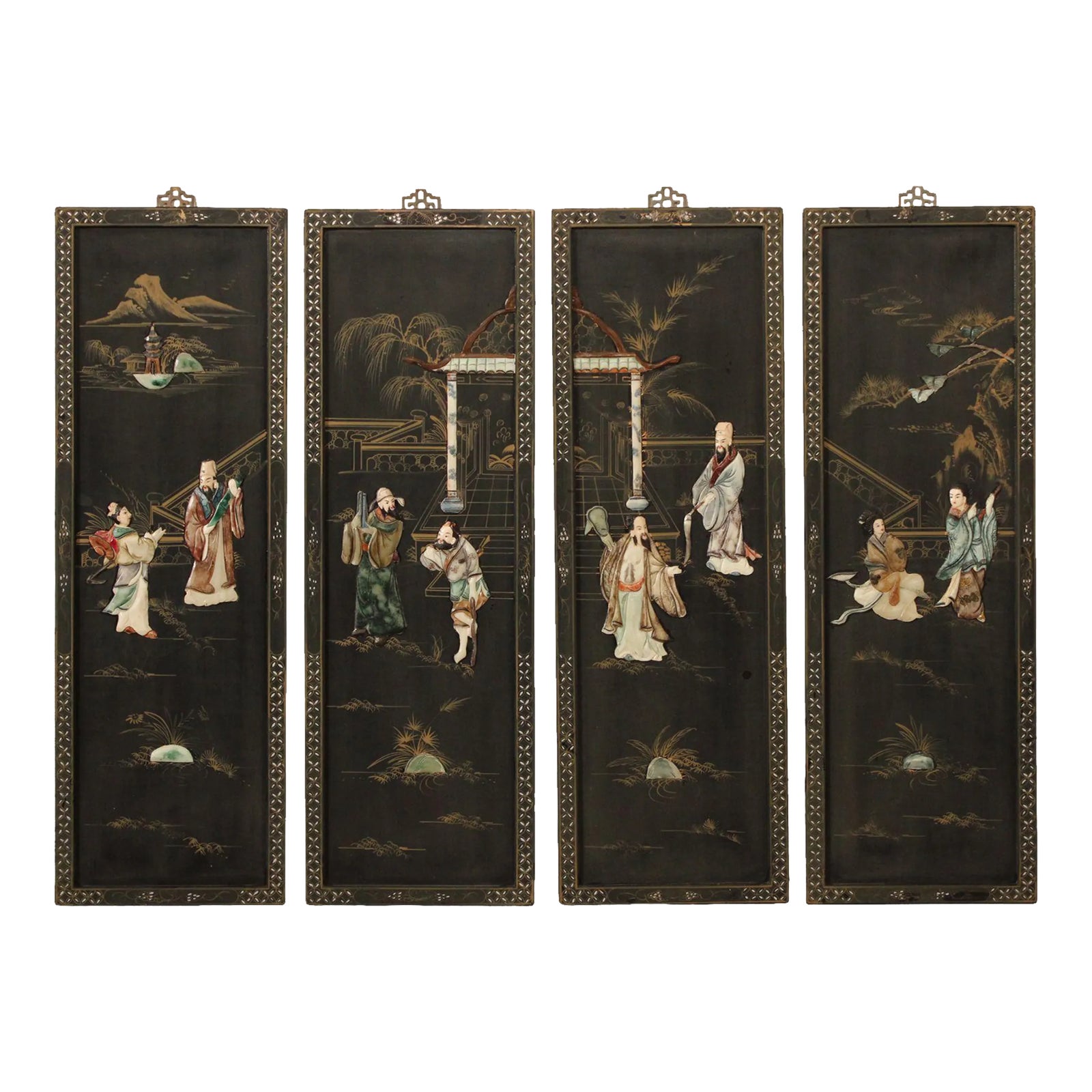 Chinese Set of Four Black Lacquered Wall-Hanging Room Divider Panels ...