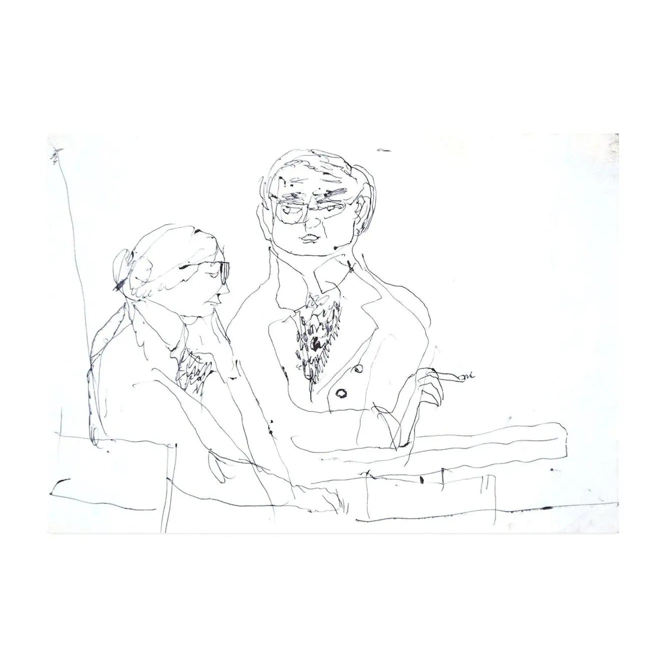 A Couple - Original Pen Drawing by Jeanne Daour - Mid 1900 Mid 20th ...